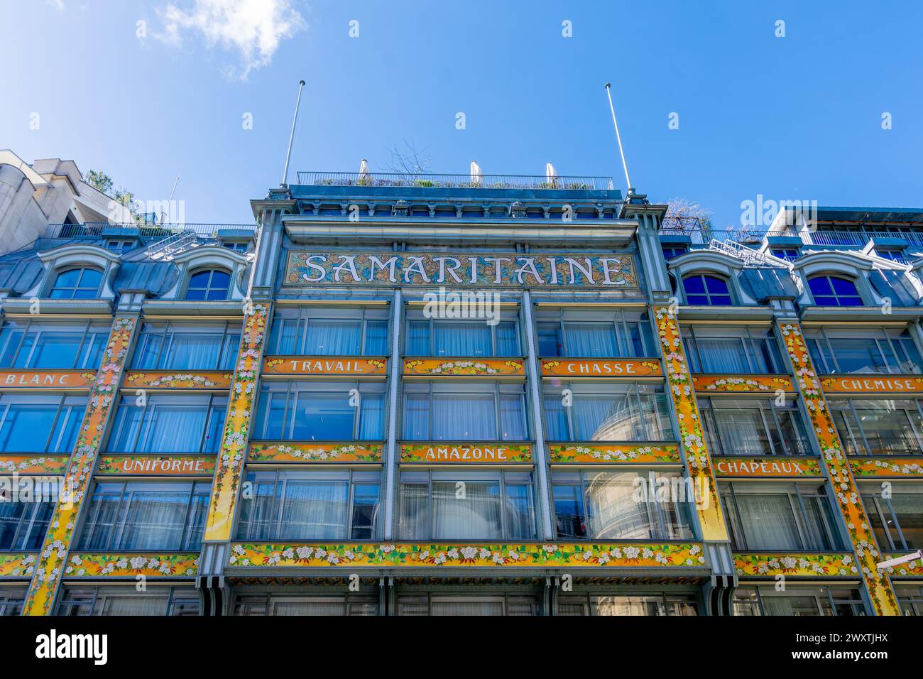 Decorated facade and sign of La Samaritaine store 2. La Samaritaine is ...