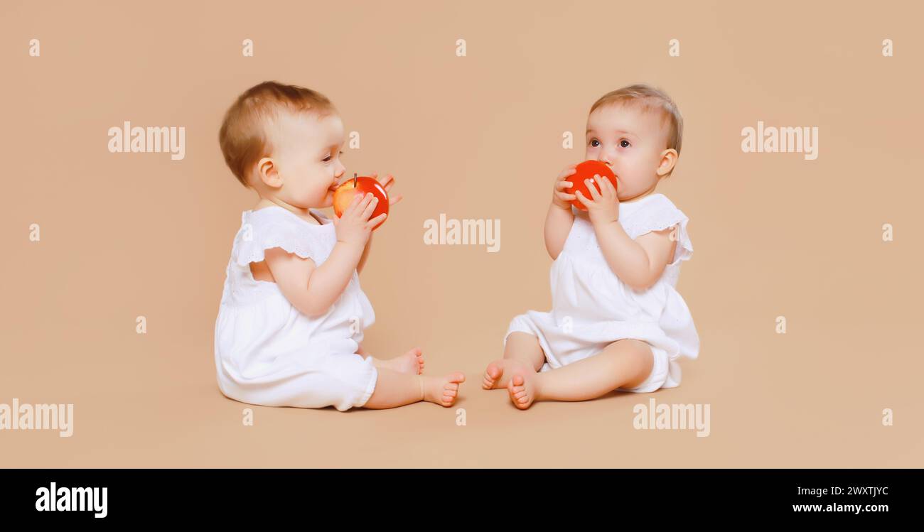 Two twin babies eating red apple fruit together sitting on the floor on ...