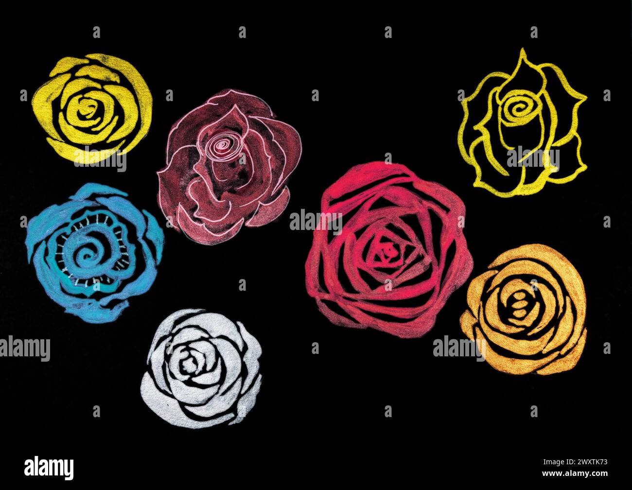 Seven different roses on a black background. The dabbing technique near ...