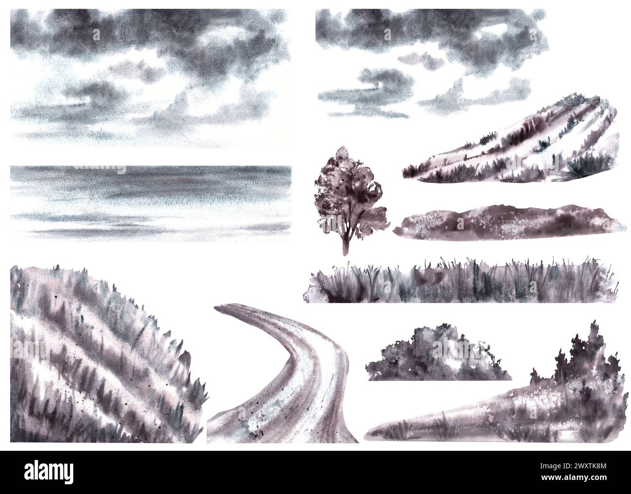 Watercolor monochromatic landscape with road, path, bushes, trees ...