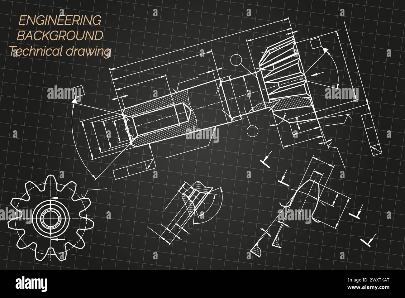 Mechanical engineering drawings on black background. Tap tools, borer ...