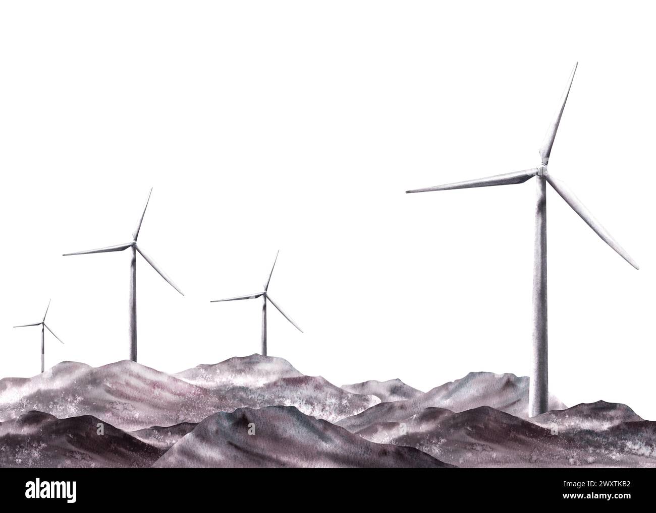Watercolor monochrome landscape with windmills, wind turbine on ...