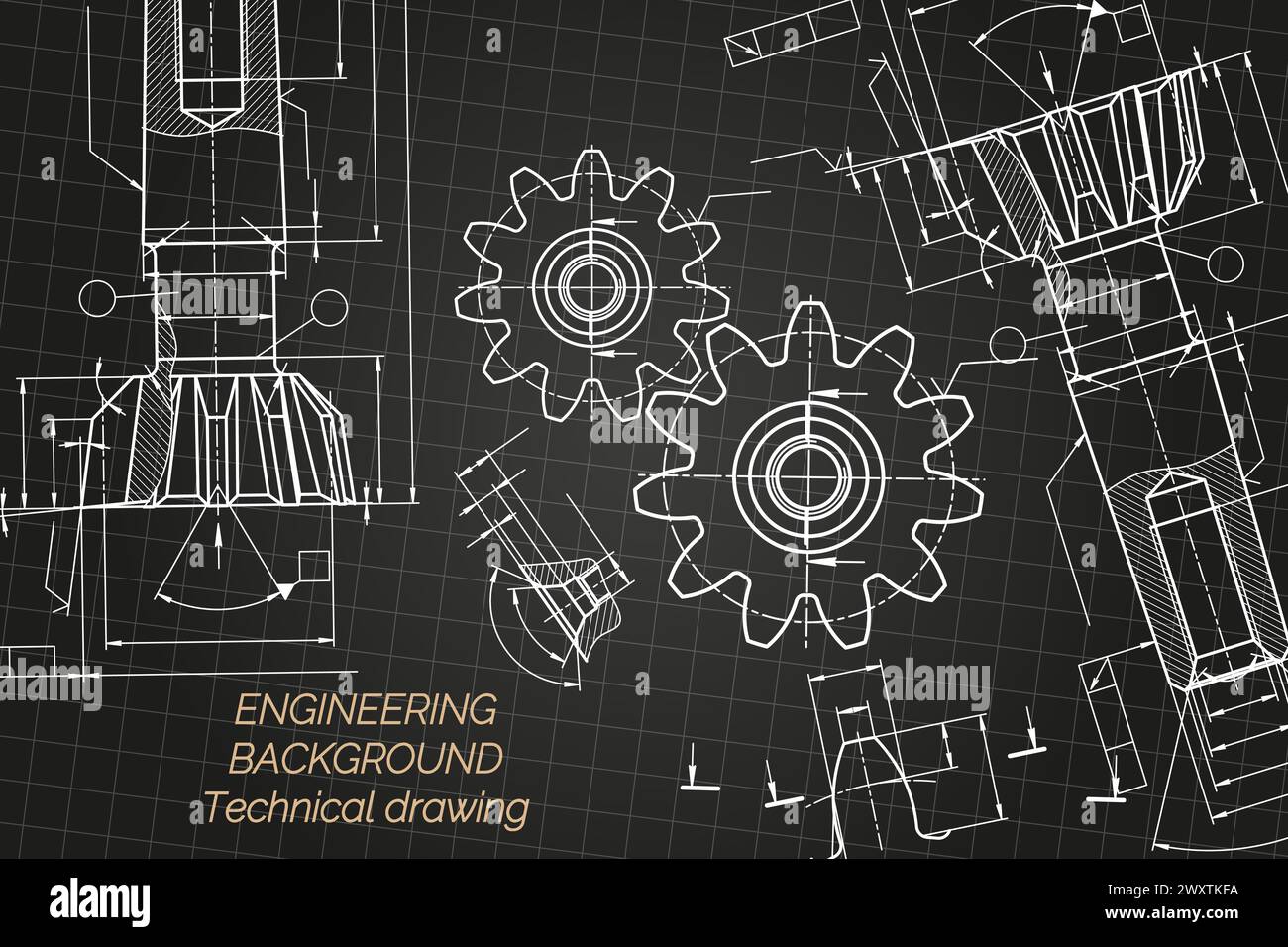 Mechanical engineering drawings on black background. Tap tools, borer ...