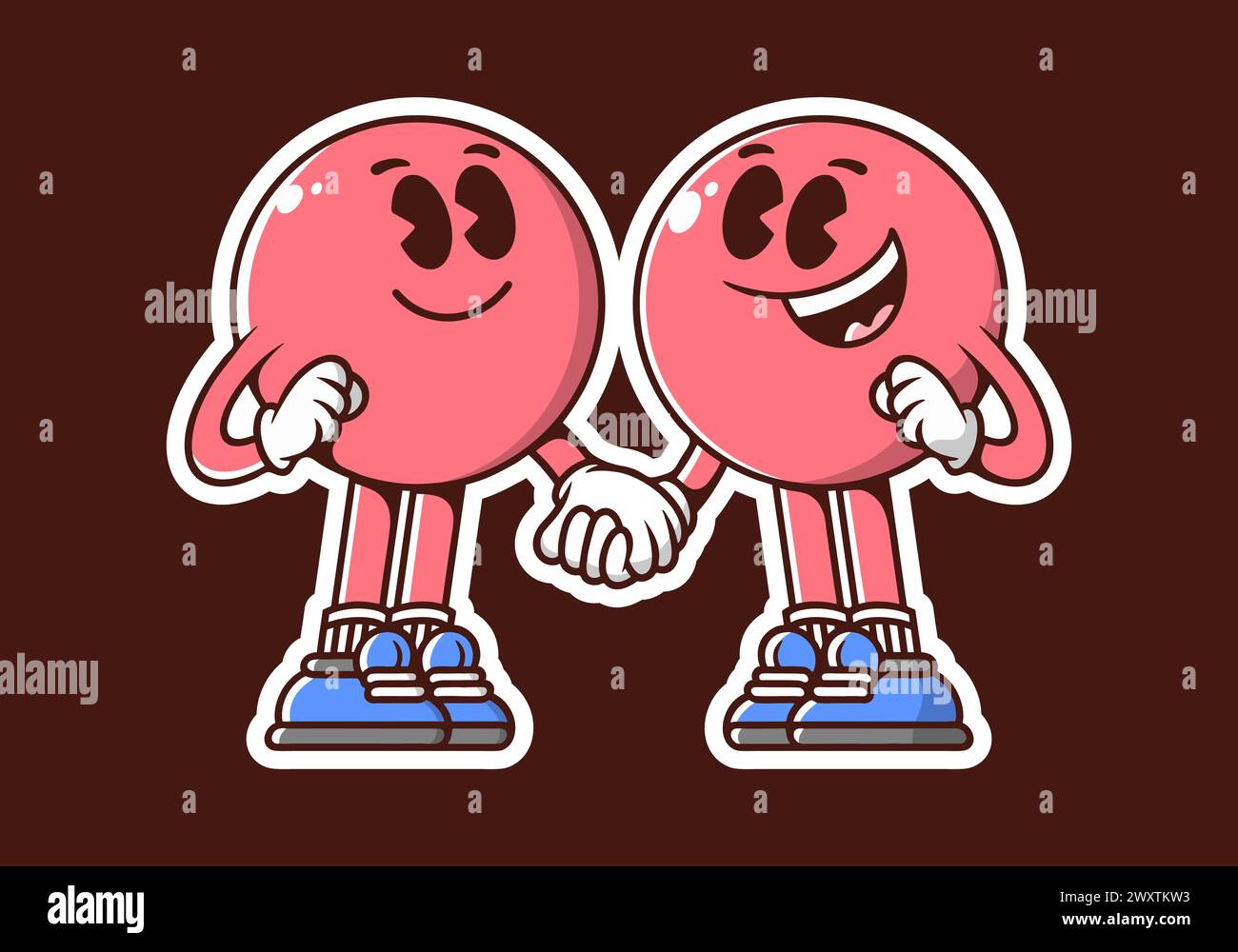 Cute mascot character of two ball head, in hand in hand pose. pink ...