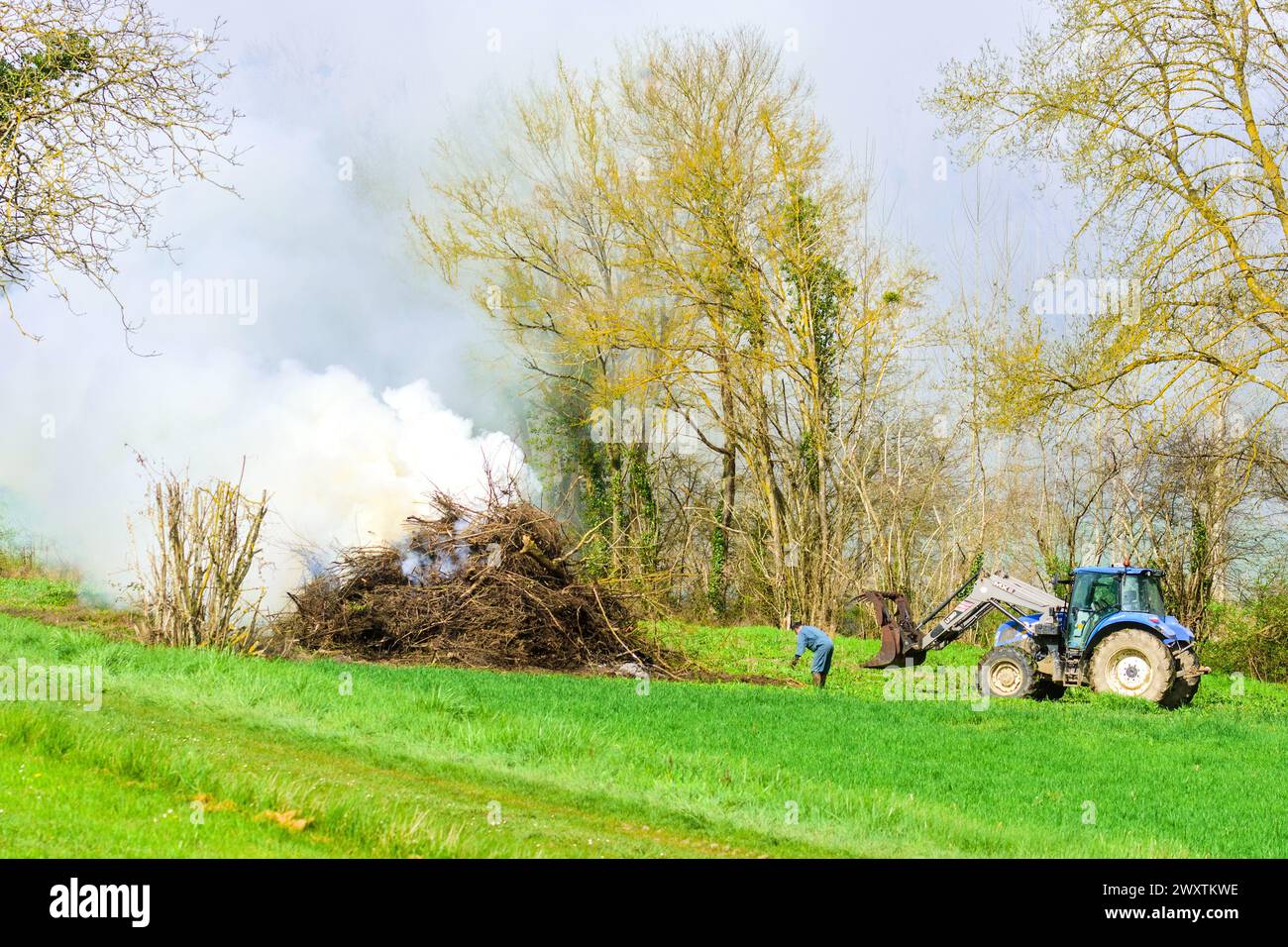 Farmer burning large bonfire of waste tree branches - central France ...