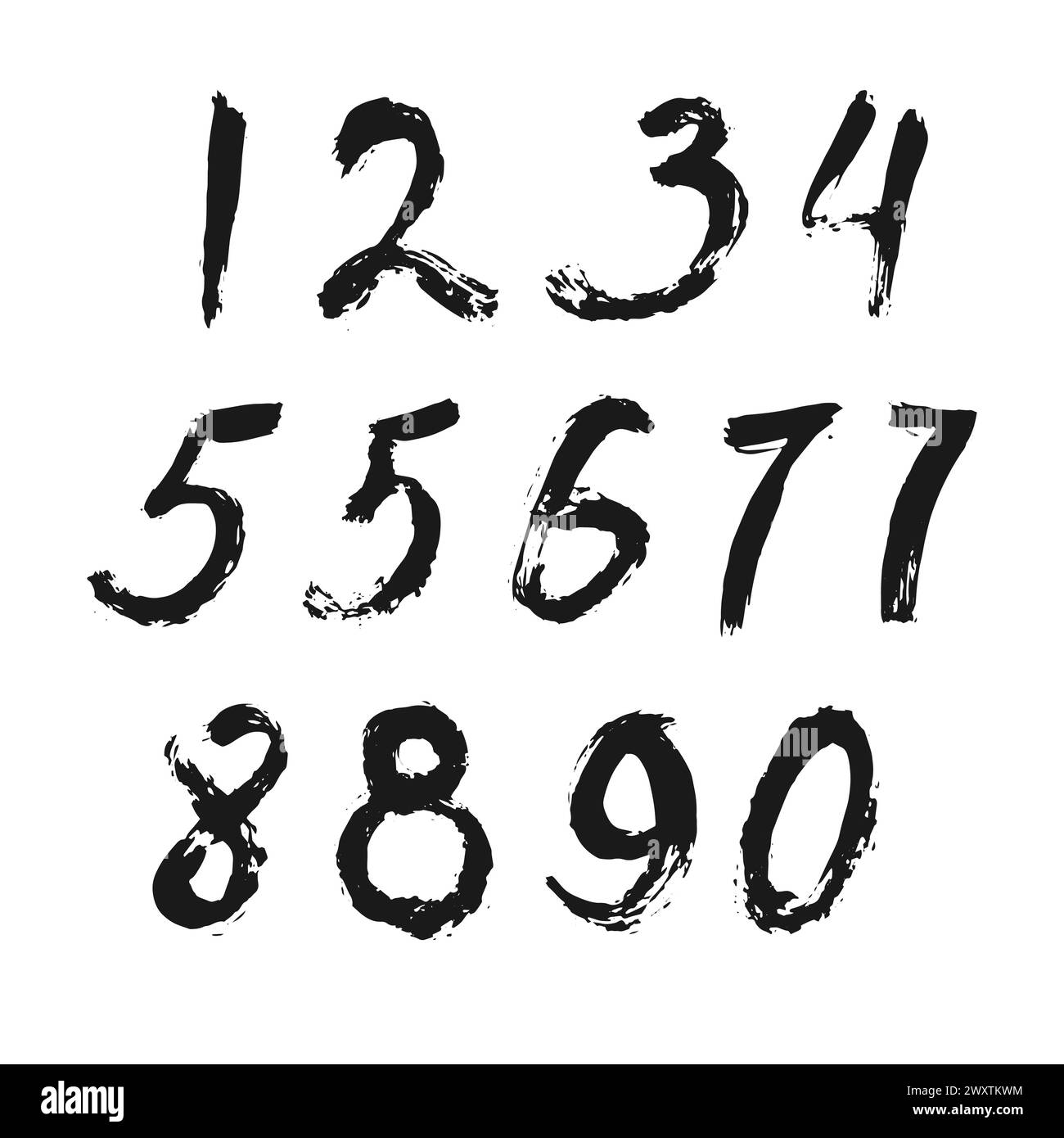 Set of calligraphic numbers painted by black brush on isolated white ...