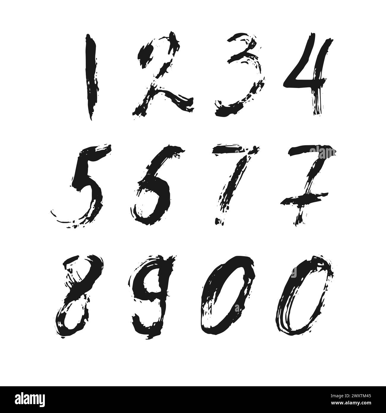 Set of calligraphic numbers painted by black brush on isolated white ...