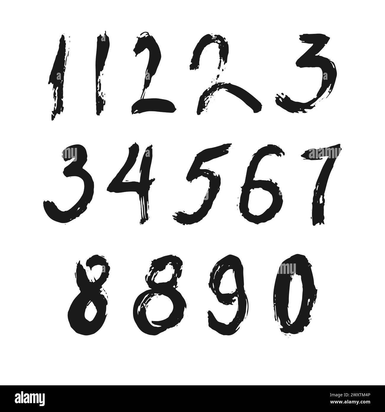 Set of calligraphic numbers painted by black brush on isolated white ...