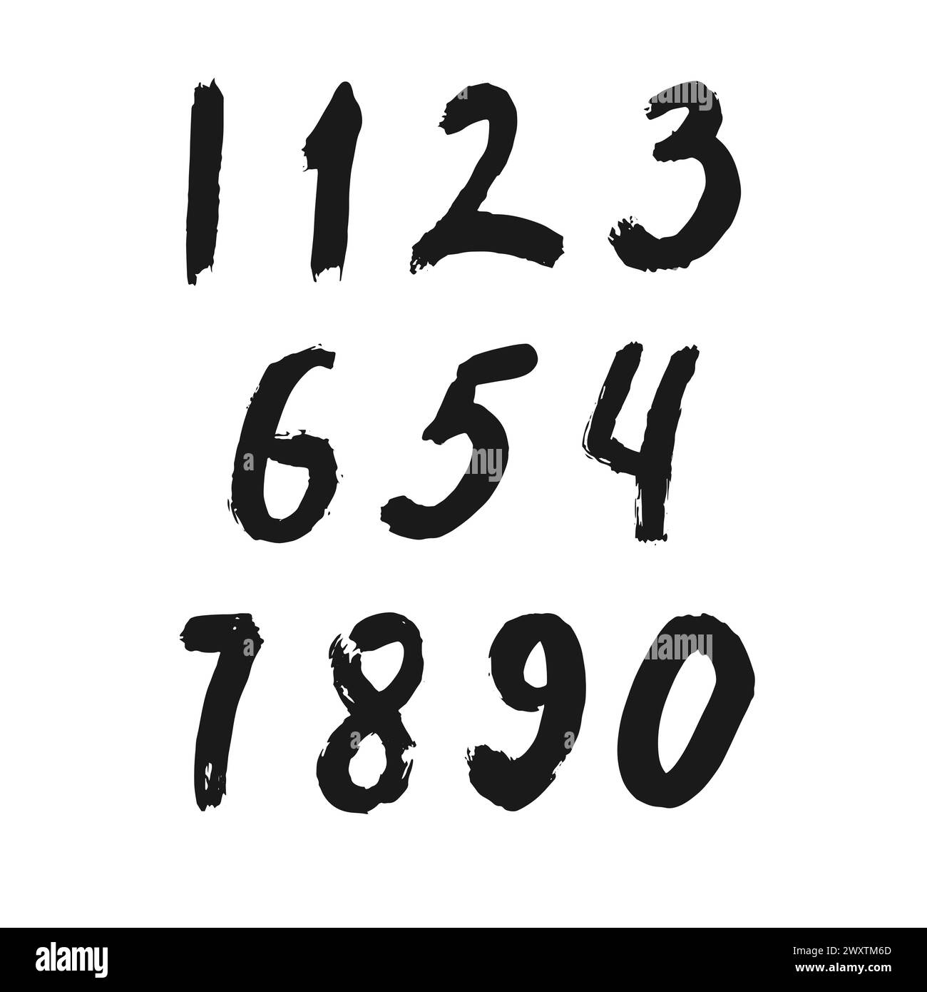 Set of calligraphic numbers painted by black brush on isolated white ...