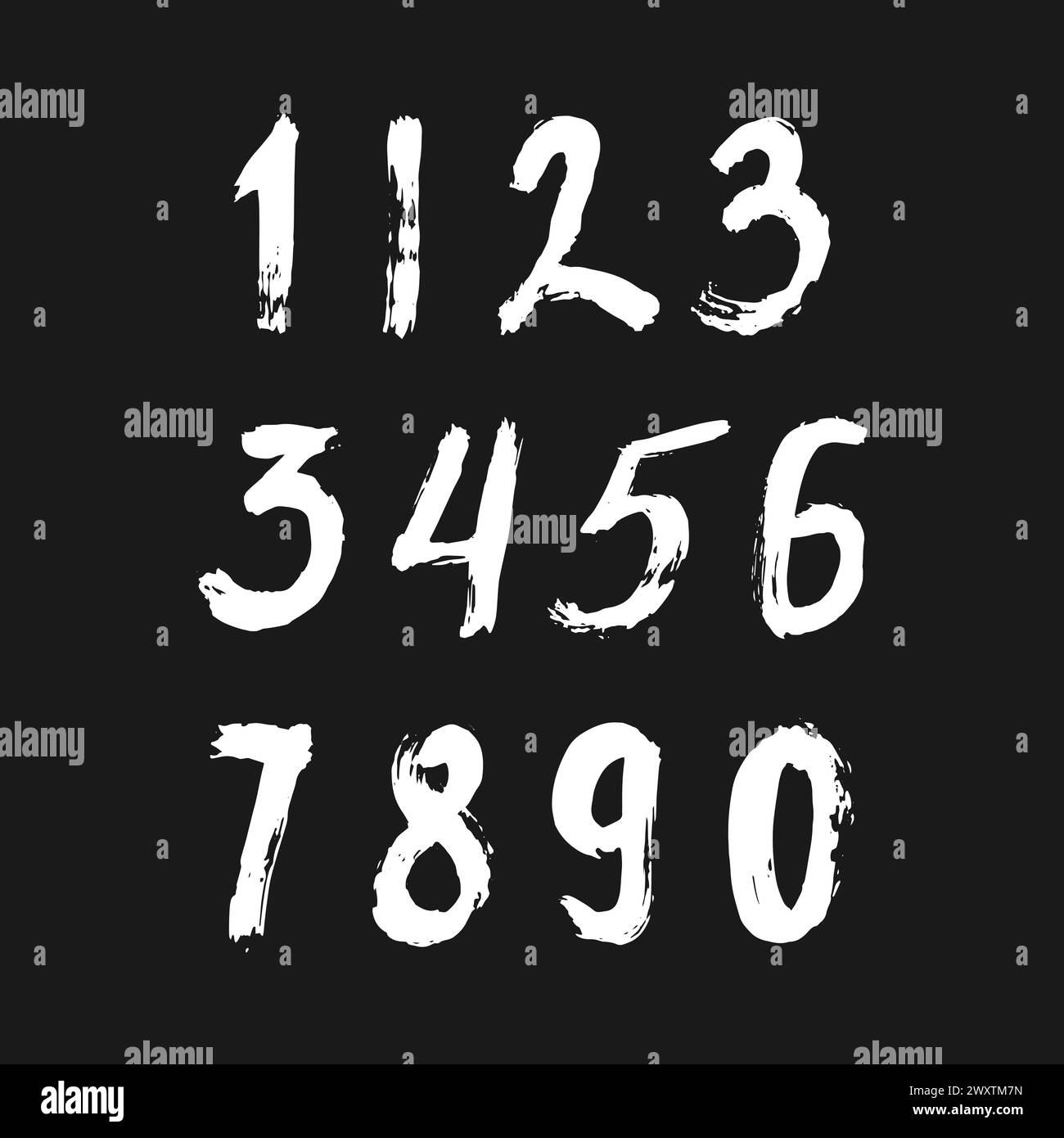 Set of calligraphic numbers painted by white brush on isolated black ...