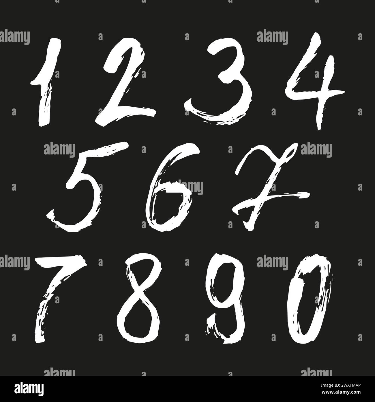 Set of calligraphic numbers painted by white brush on isolated black ...