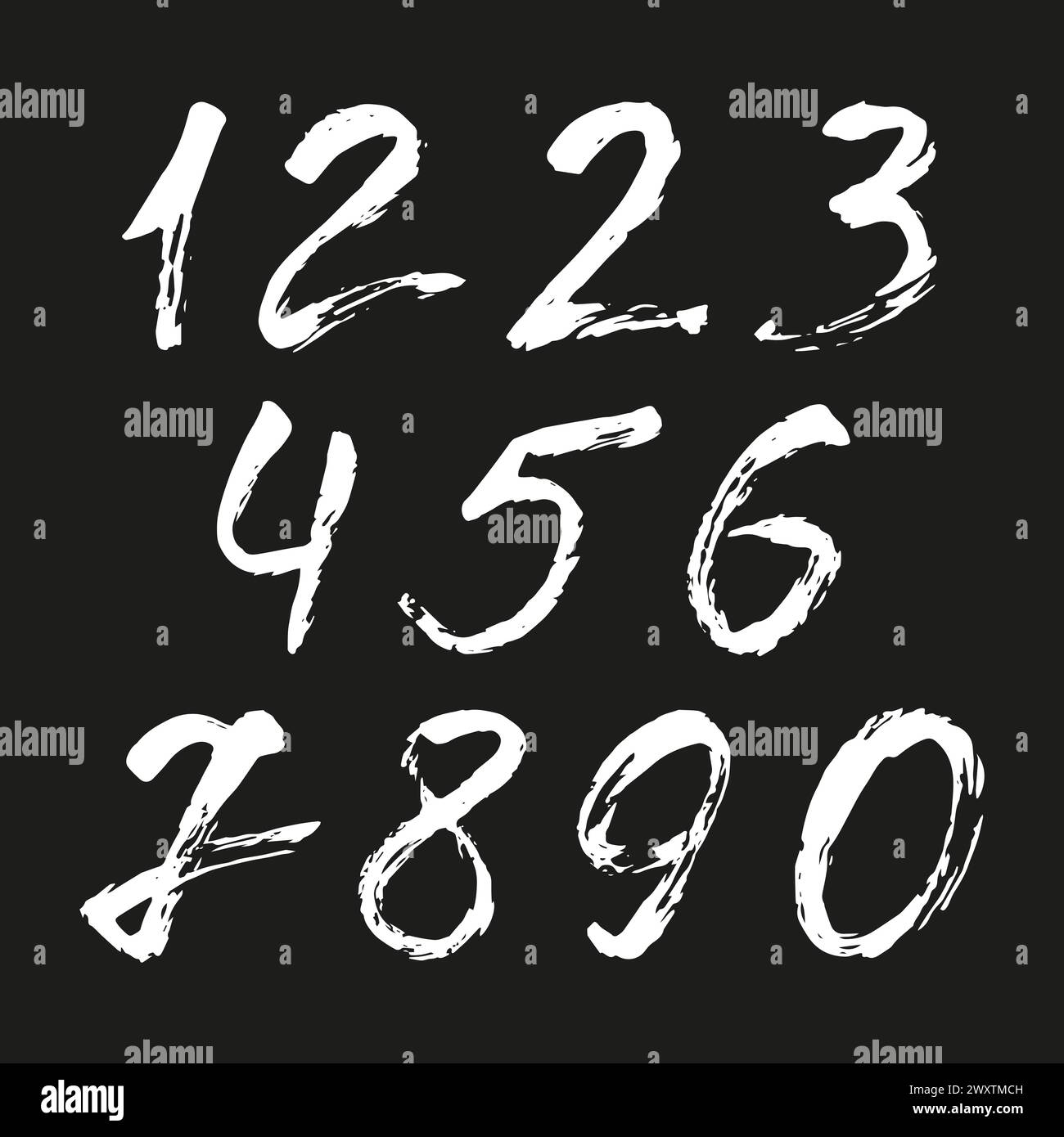 Set of calligraphic numbers painted by white brush on isolated black ...