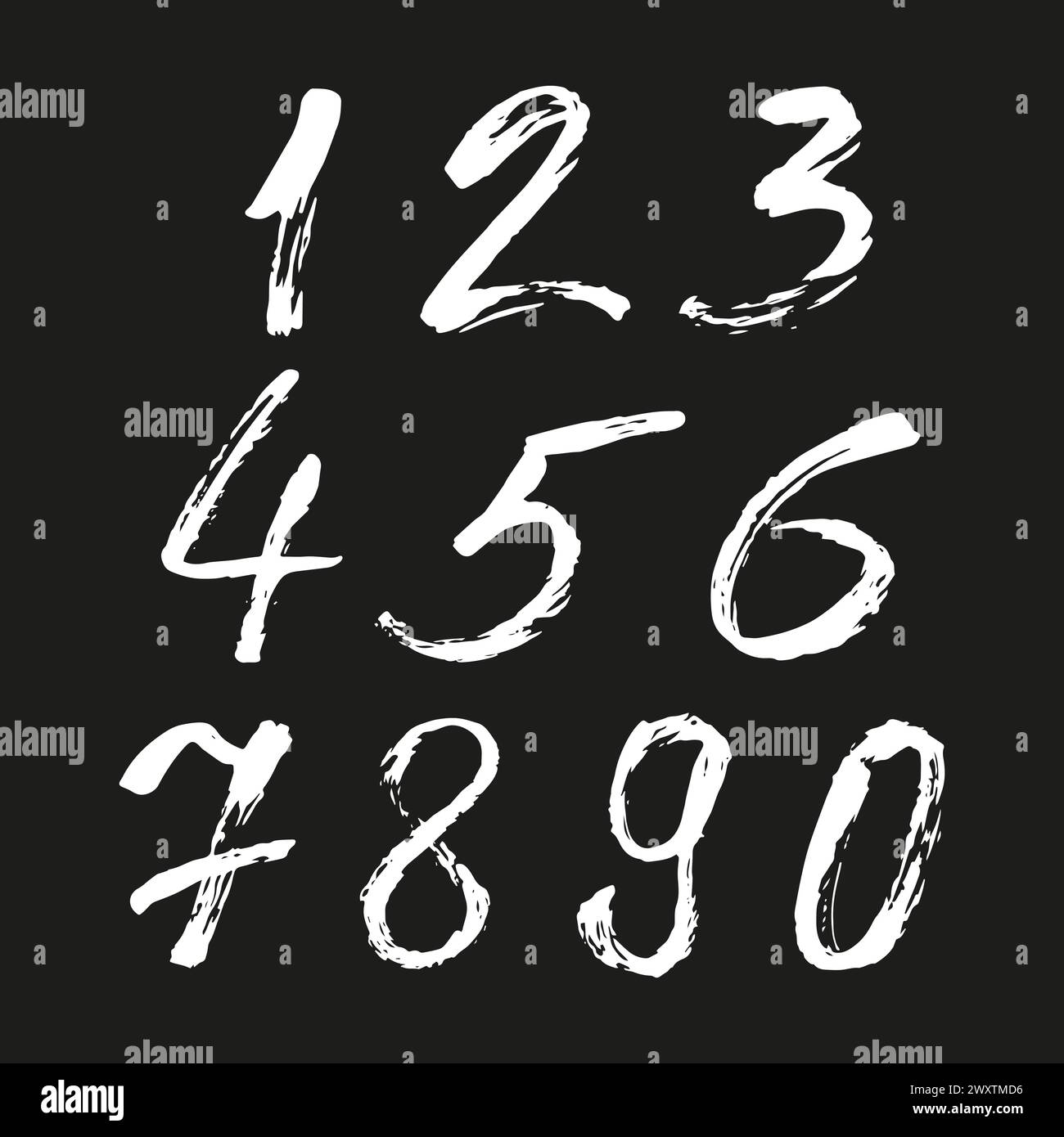 Set of calligraphic numbers painted by white brush on isolated black ...