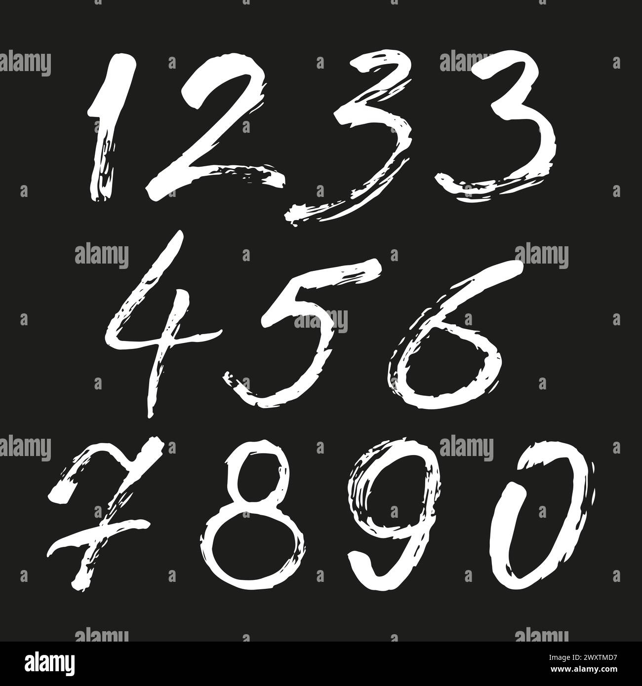Set of calligraphic numbers painted by white brush on isolated black ...