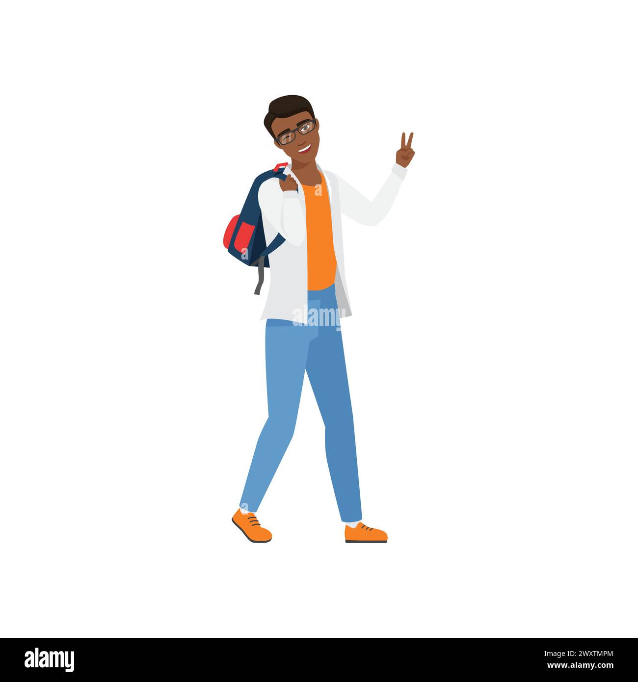 Happy student character with victory fingers gesture. Cheerful student ...