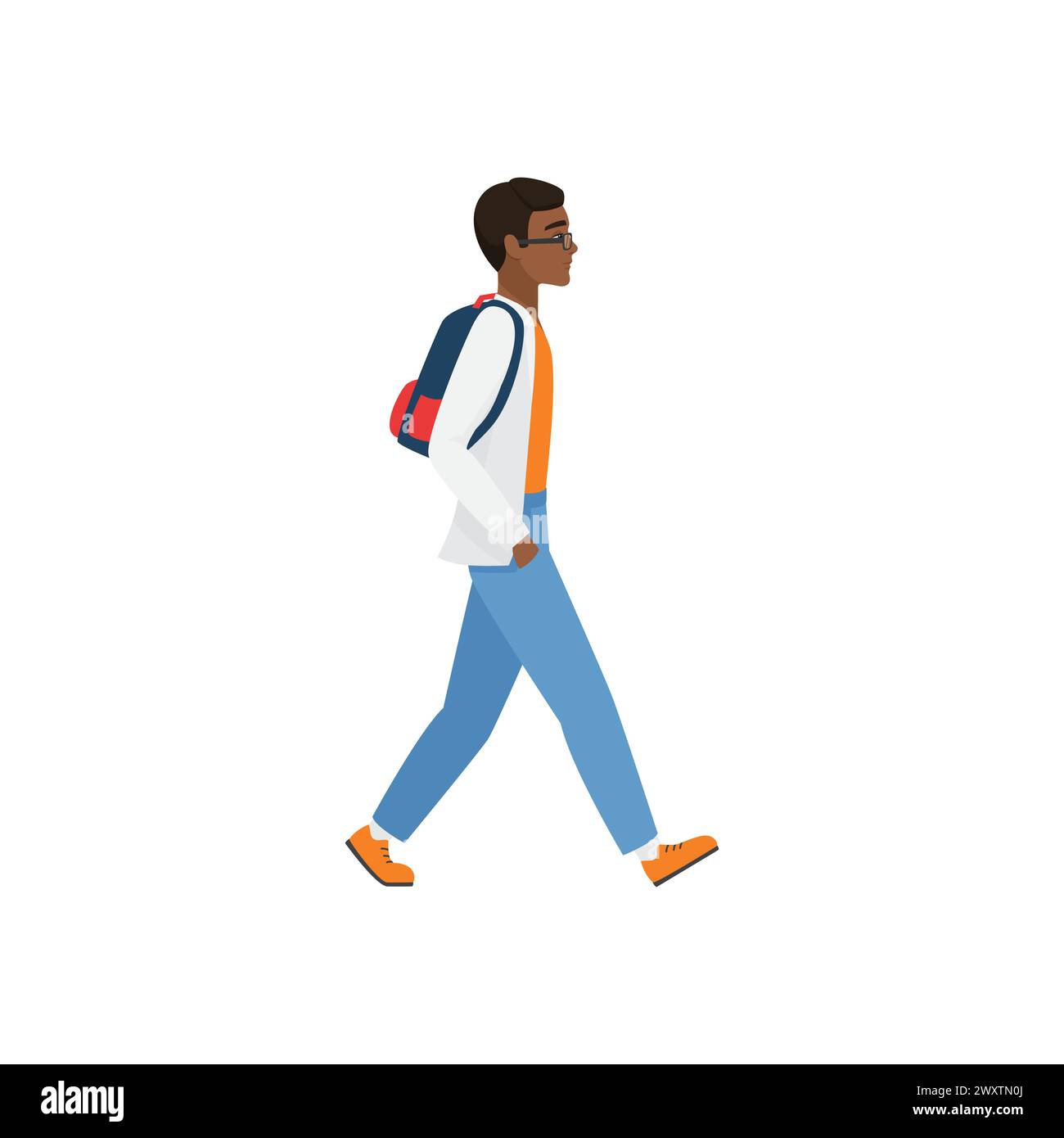 Side view of walking student character. Student boy is going to ...