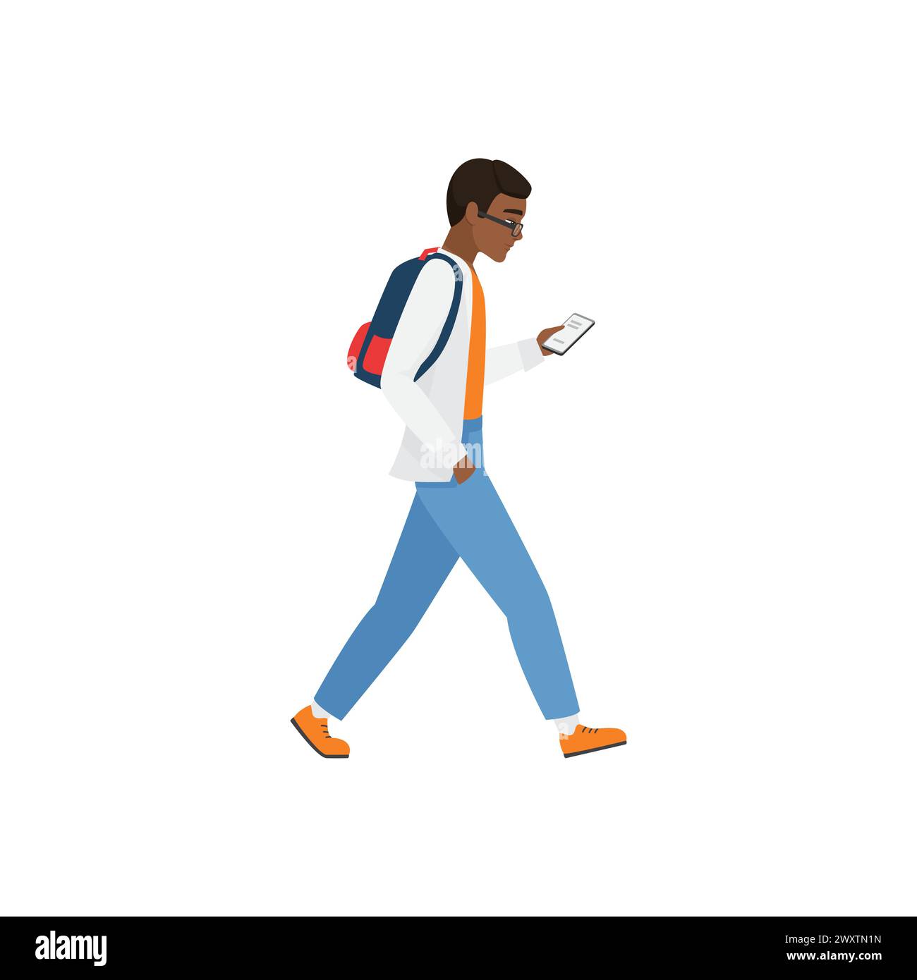 Side view of walking student character looking at phone. Student boy ...
