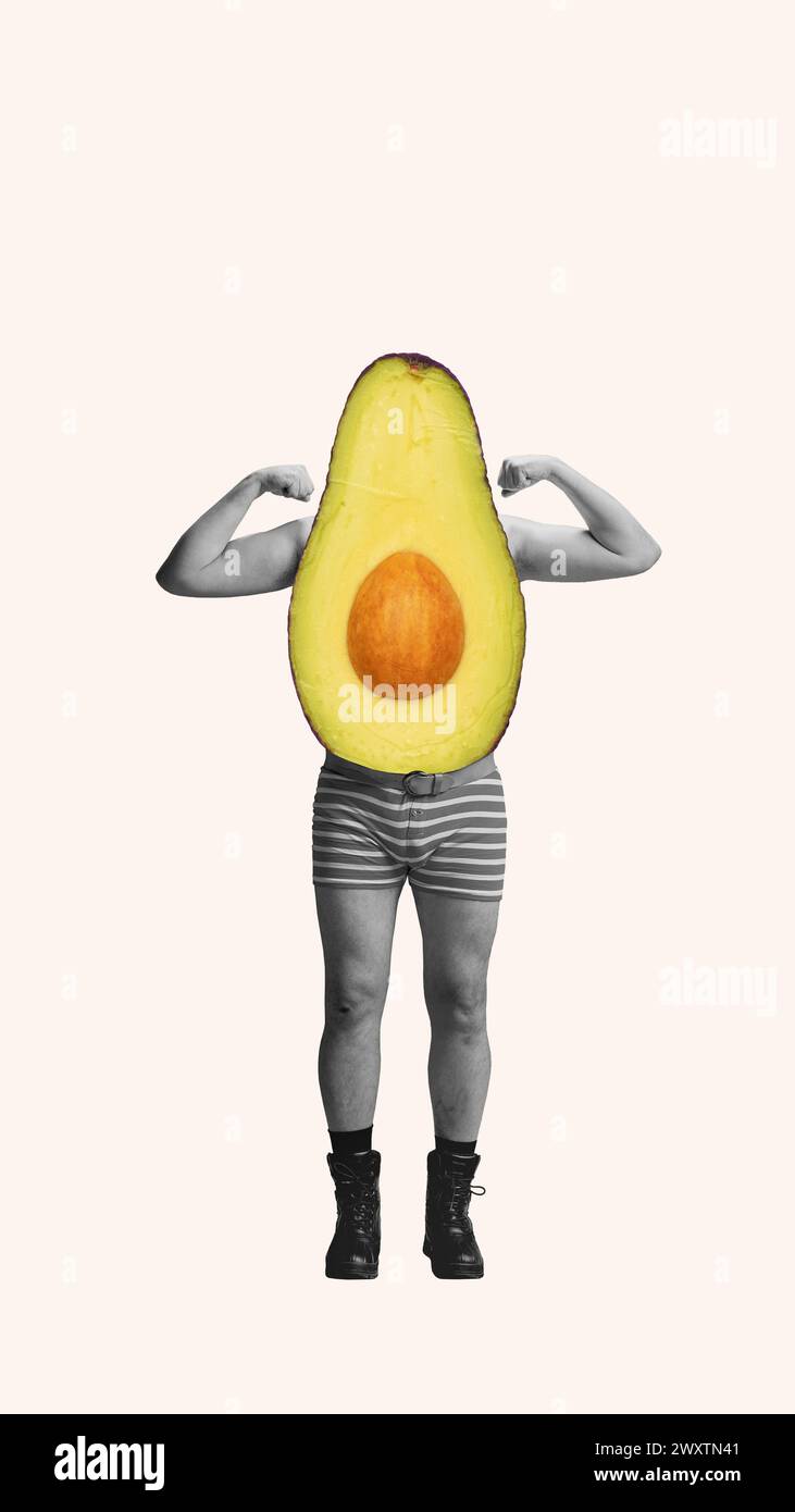 Monochrome image of man with avocado body, in striped shorts and boots ...