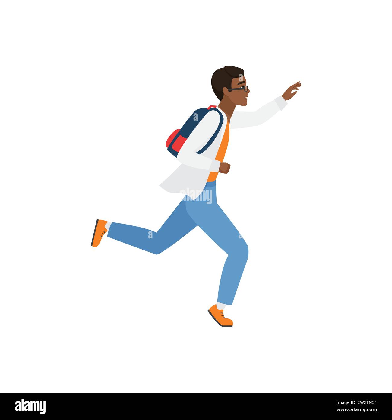 Side view of running student character. Student boy in a rash, hurry up to university flat ...