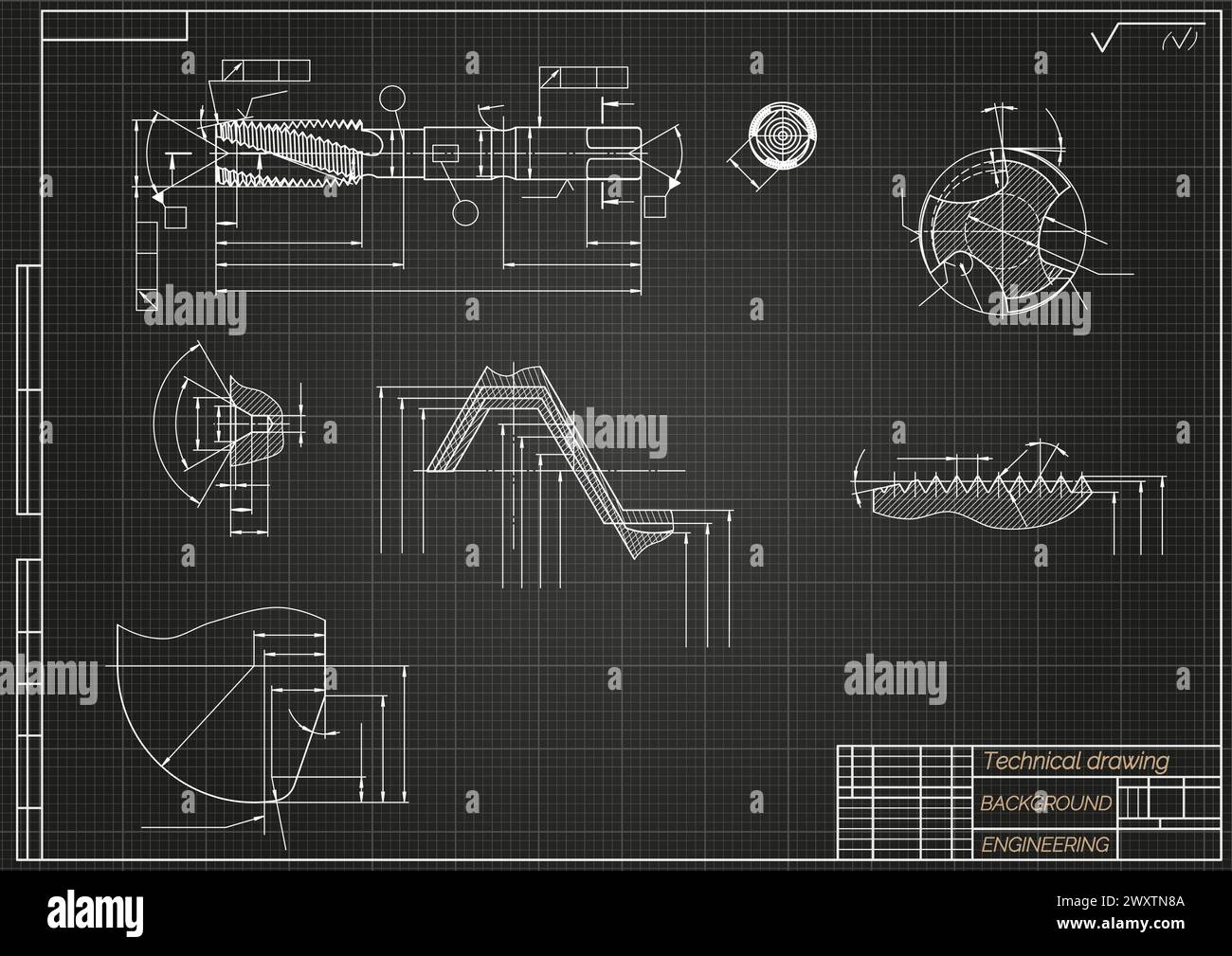 Mechanical engineering drawings on black background. Tap tools, borer ...