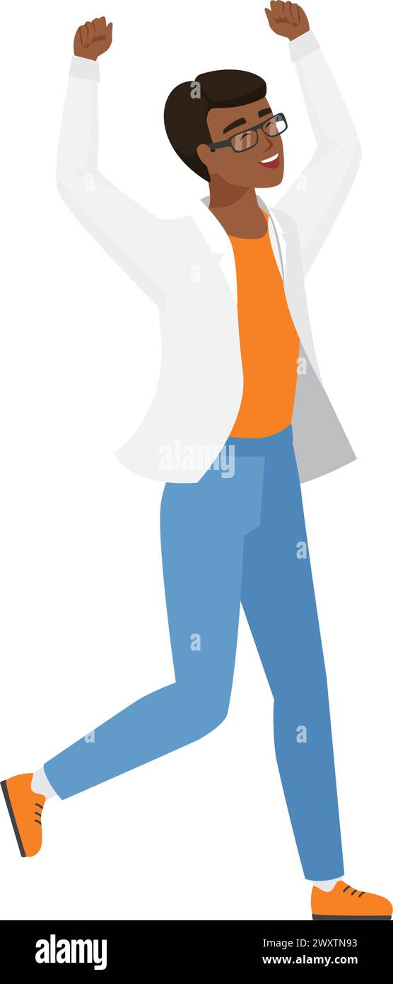 Happy student character with raised hands. Successful student boy flat ...