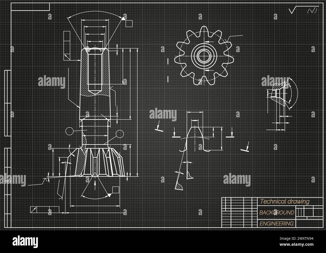 Mechanical engineering drawings on black background. Tap tools, borer ...