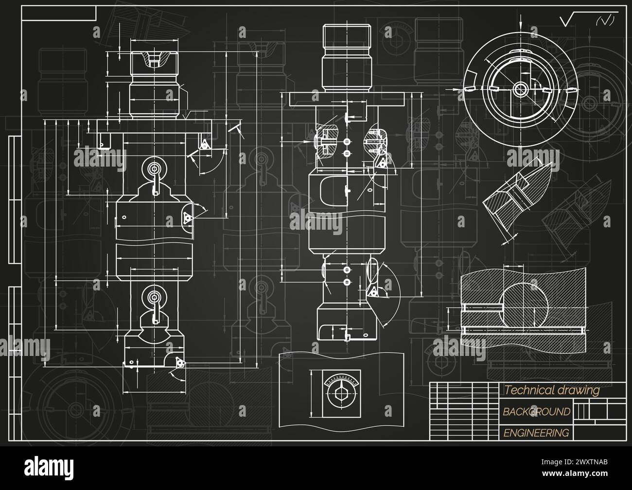 Mechanical engineering drawings on black background. Tap tools, borer ...