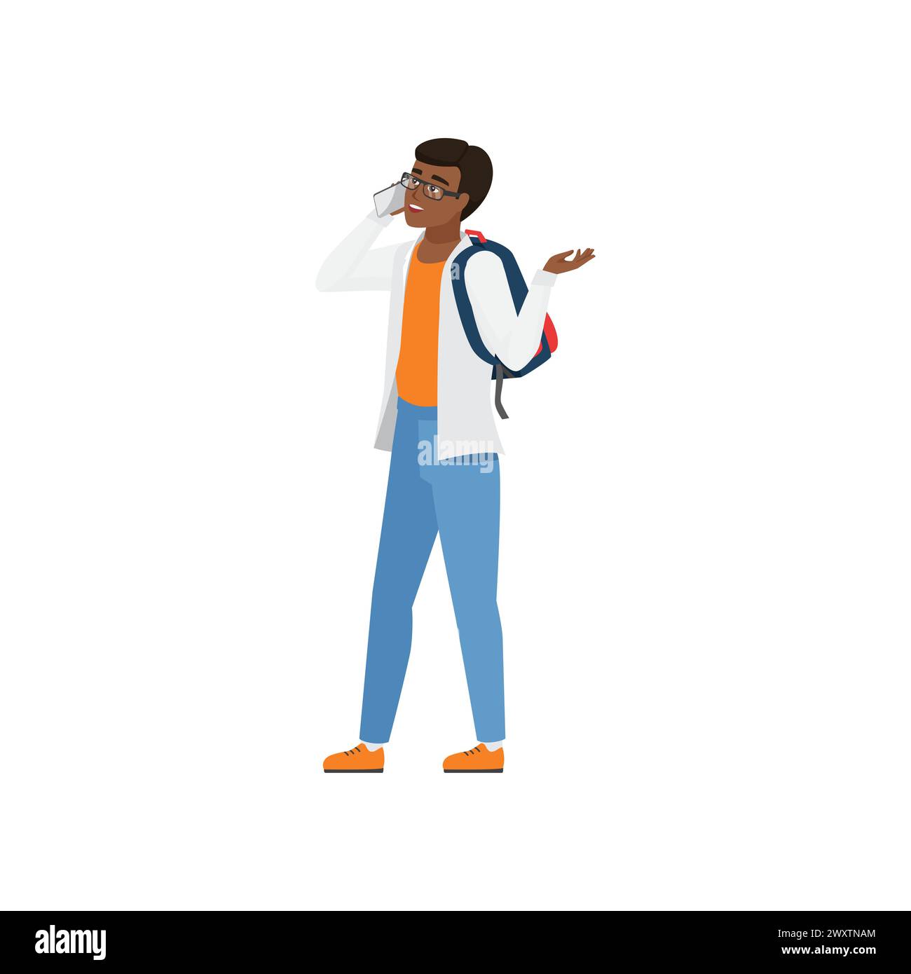 Student character calling on phone. Student boy talking on smartphone ...