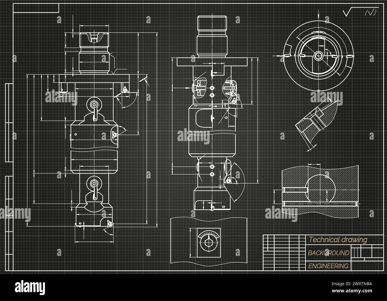 Mechanical engineering drawings on black background. Tap tools, borer ...