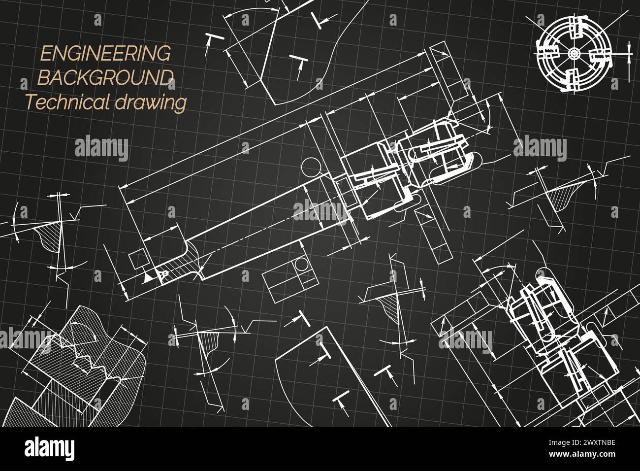 Mechanical engineering drawings on black background. Tap tools, borer ...