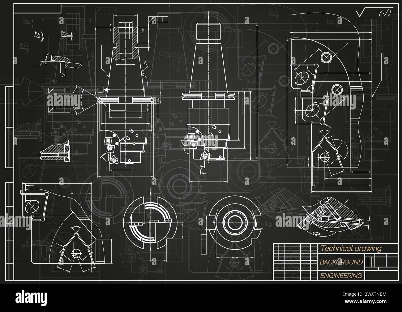 Mechanical engineering drawings on black background. Tap tools, borer ...
