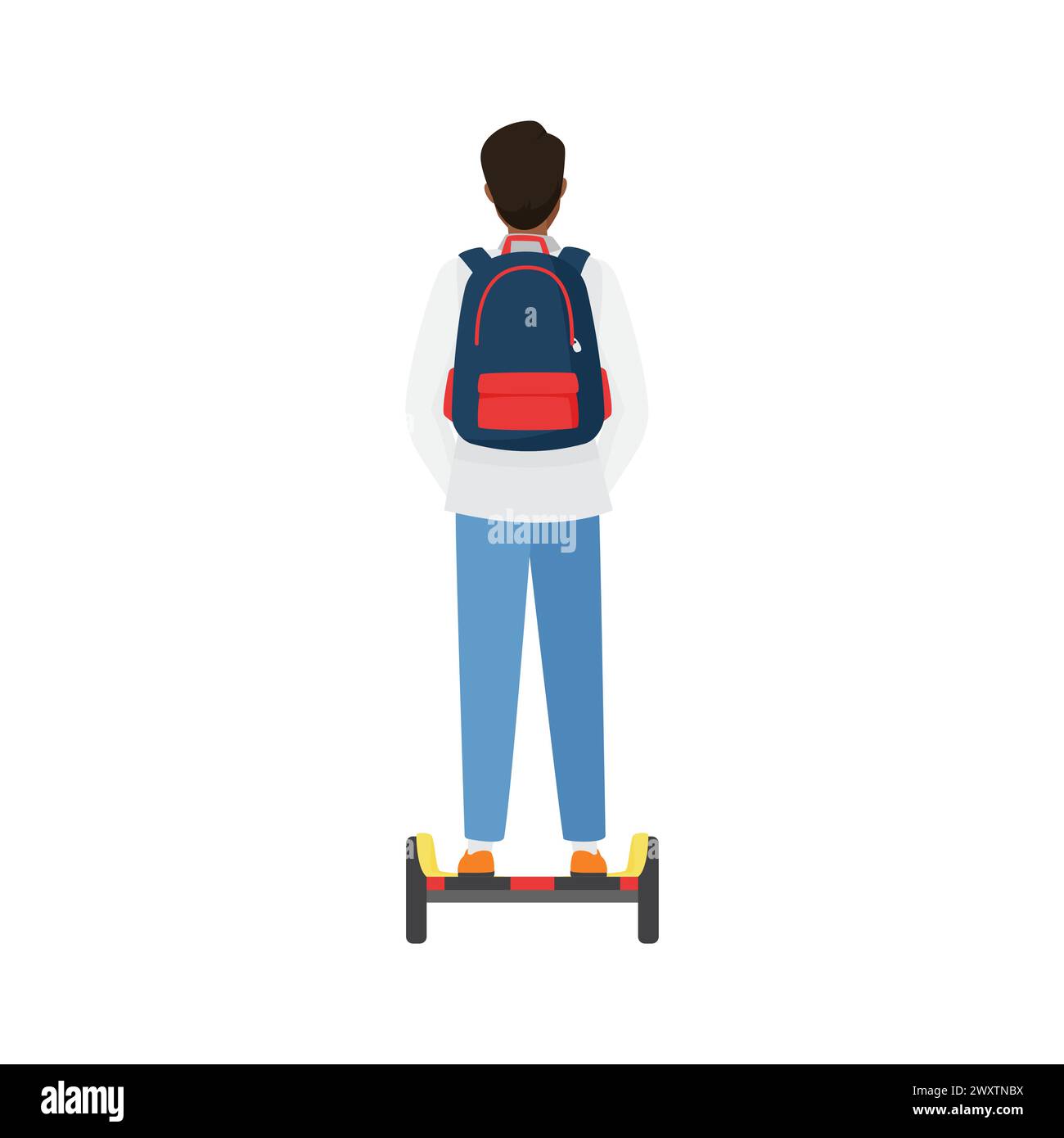 Back view of student character on hoverboard. Student boy with backpack ...