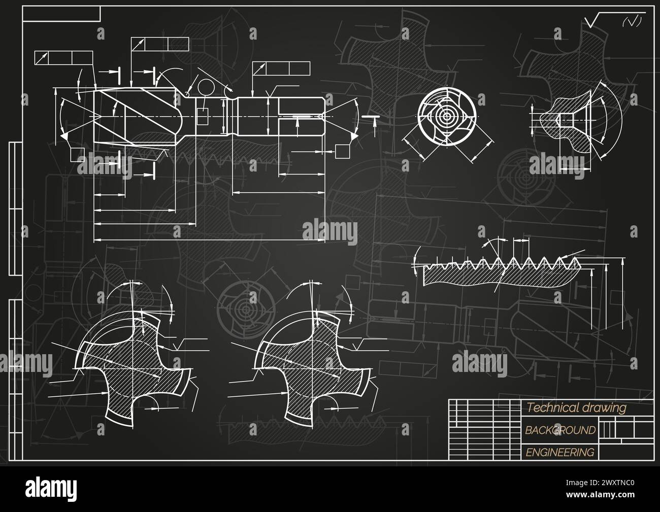 Mechanical engineering drawings on black background. Tap tools, borer ...