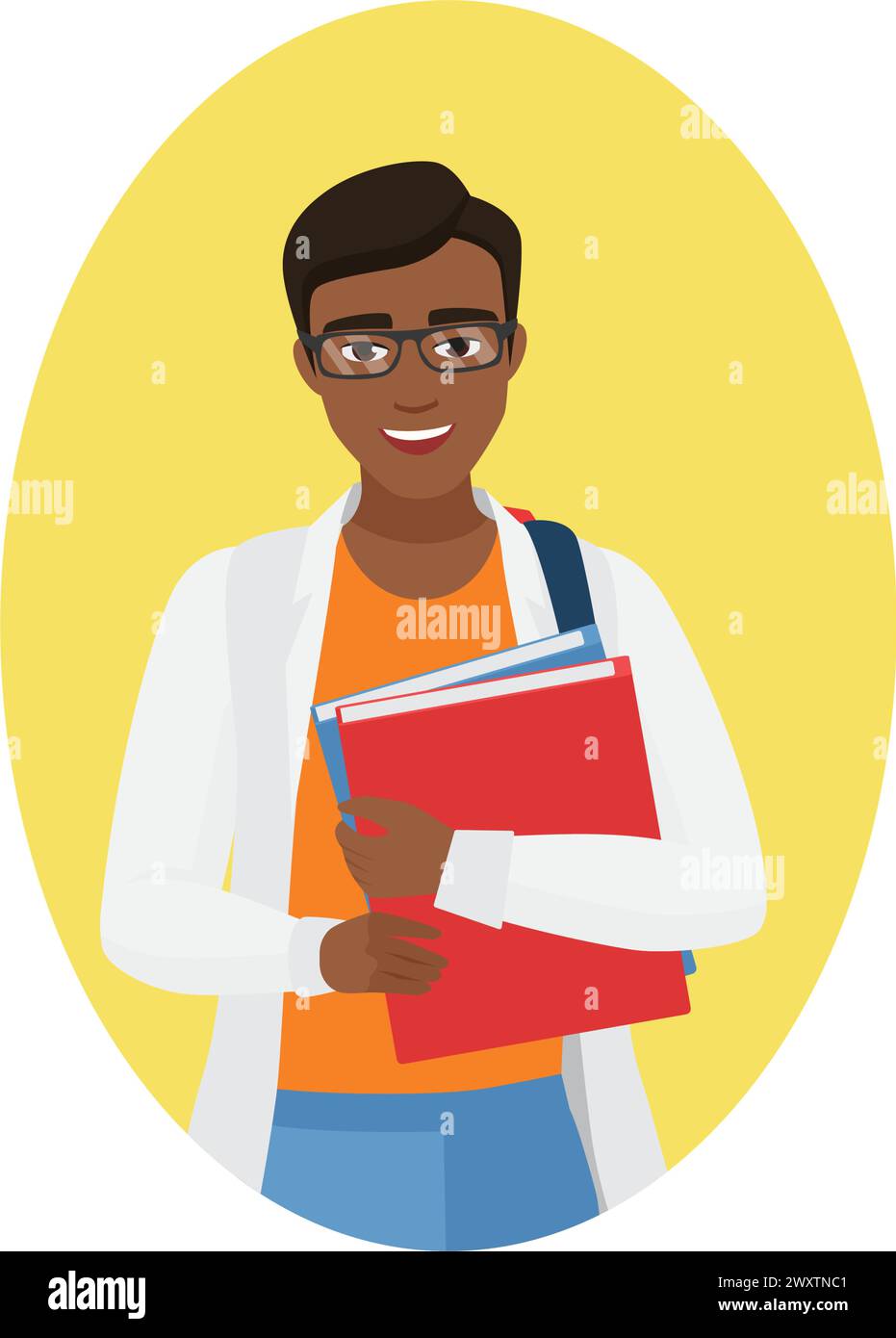 Portrait of cheerful student character with books. Student boy holding ...