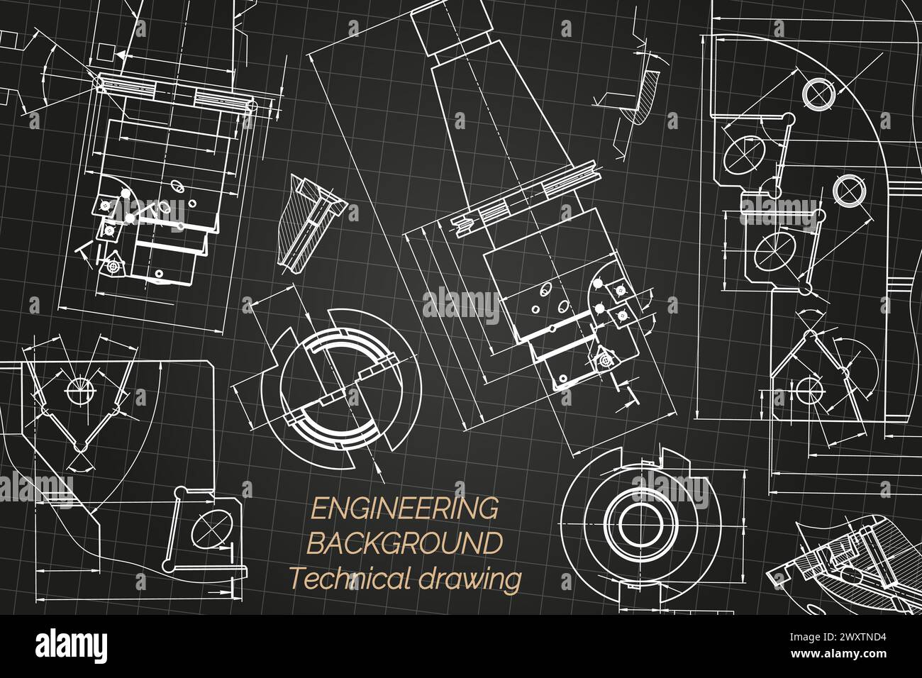 Mechanical engineering drawings on black background. Tap tools, borer ...