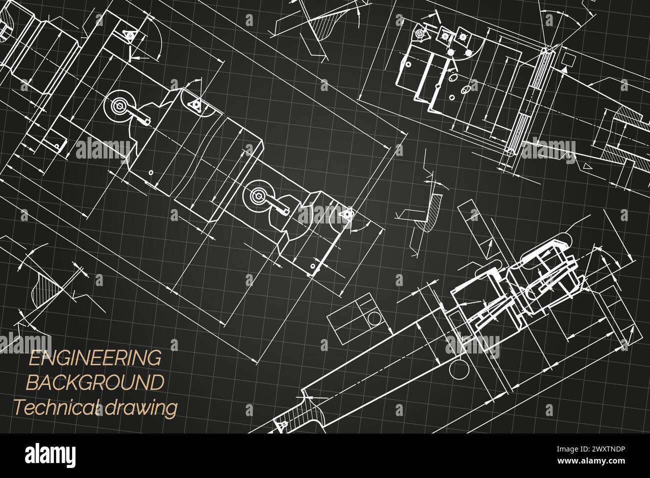 Mechanical engineering drawings on black background. Tap tools, borer ...