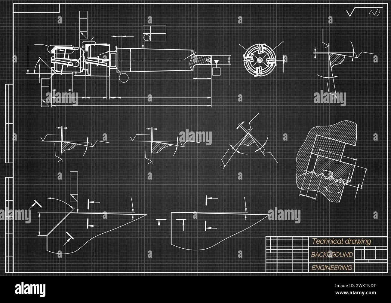 Mechanical engineering drawings on black background. Tap tools, borer ...