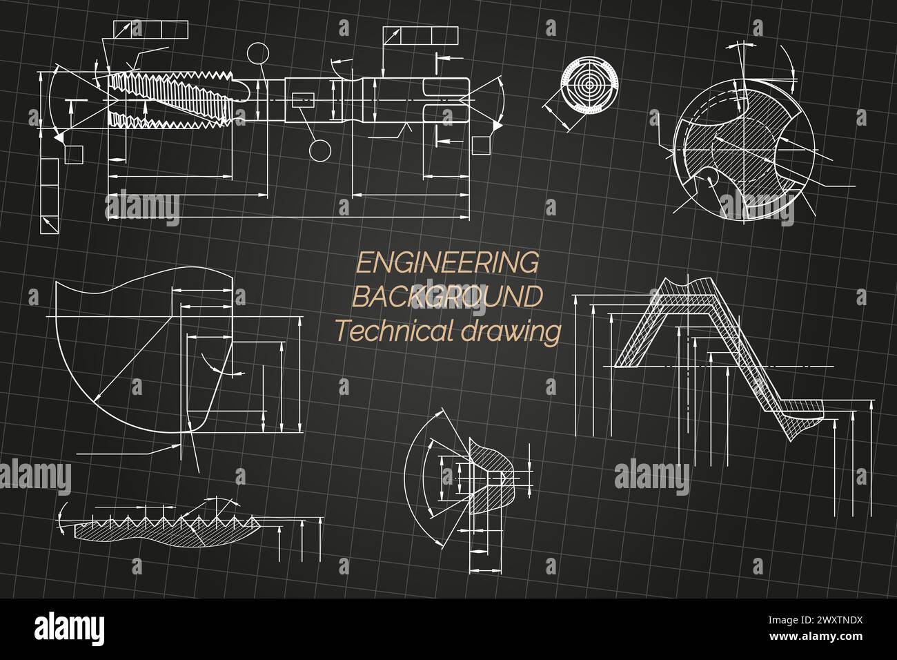 Mechanical engineering drawings on black background. Tap tools, borer ...