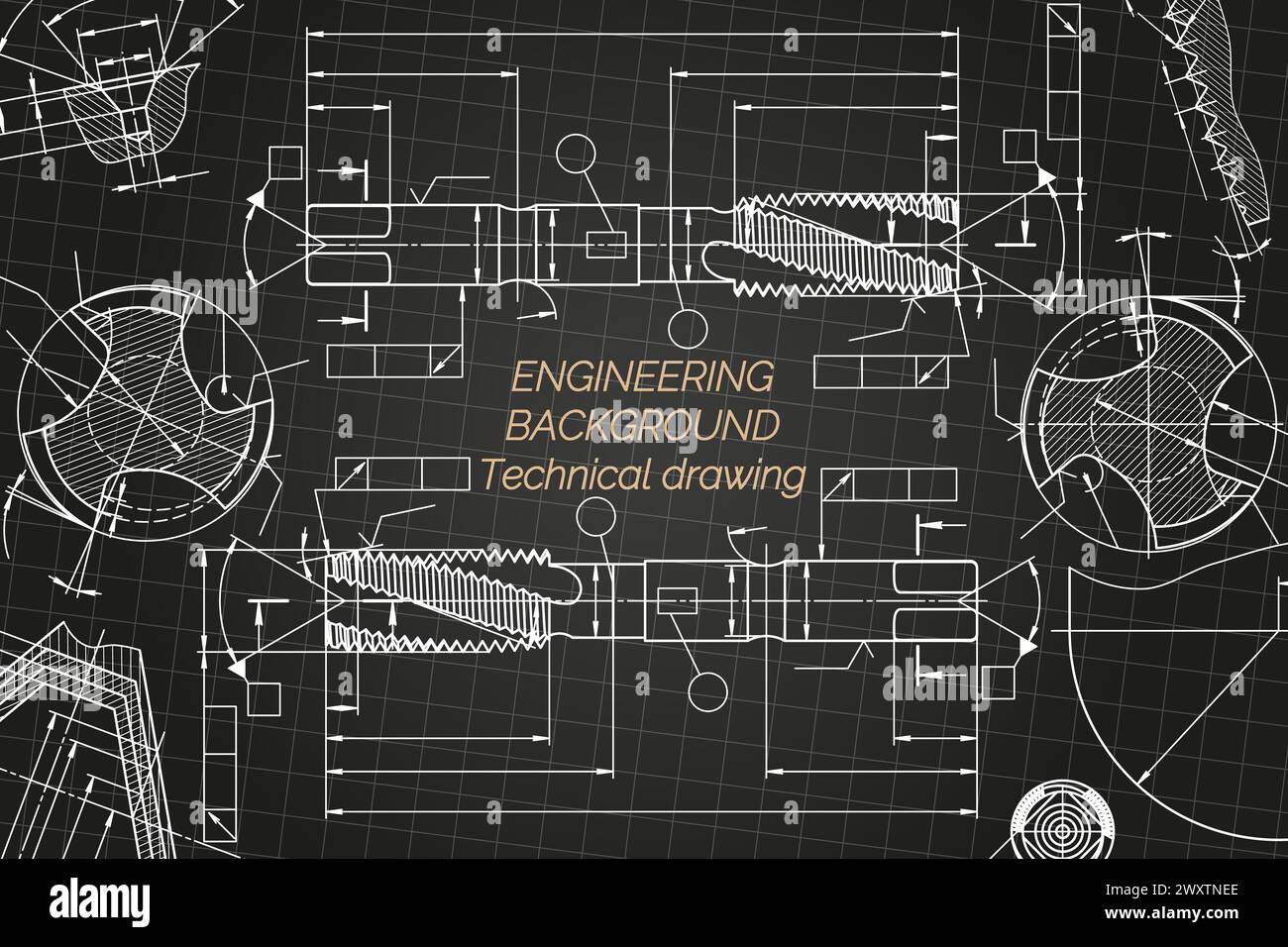 Mechanical engineering drawings on black background. Tap tools, borer ...