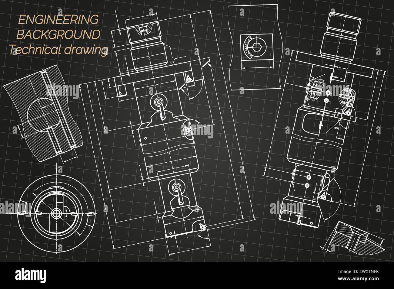 Mechanical engineering drawings on black background. Tap tools, borer ...