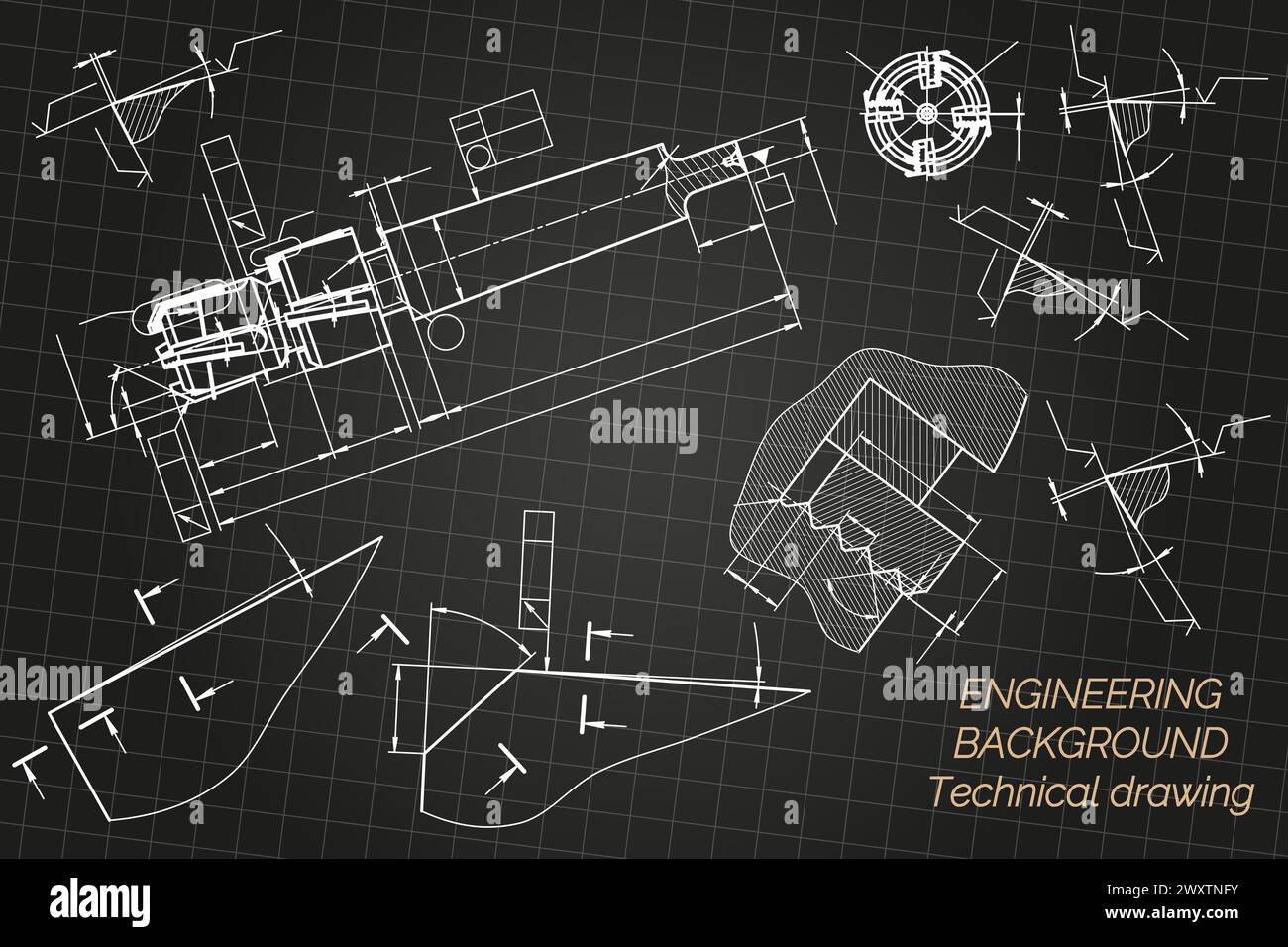 Mechanical engineering drawings on black background. Tap tools, borer ...