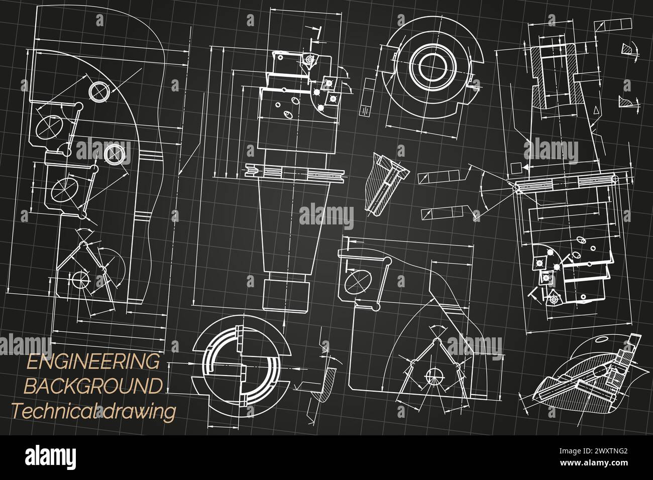 Mechanical engineering drawings on black background. Tap tools, borer ...