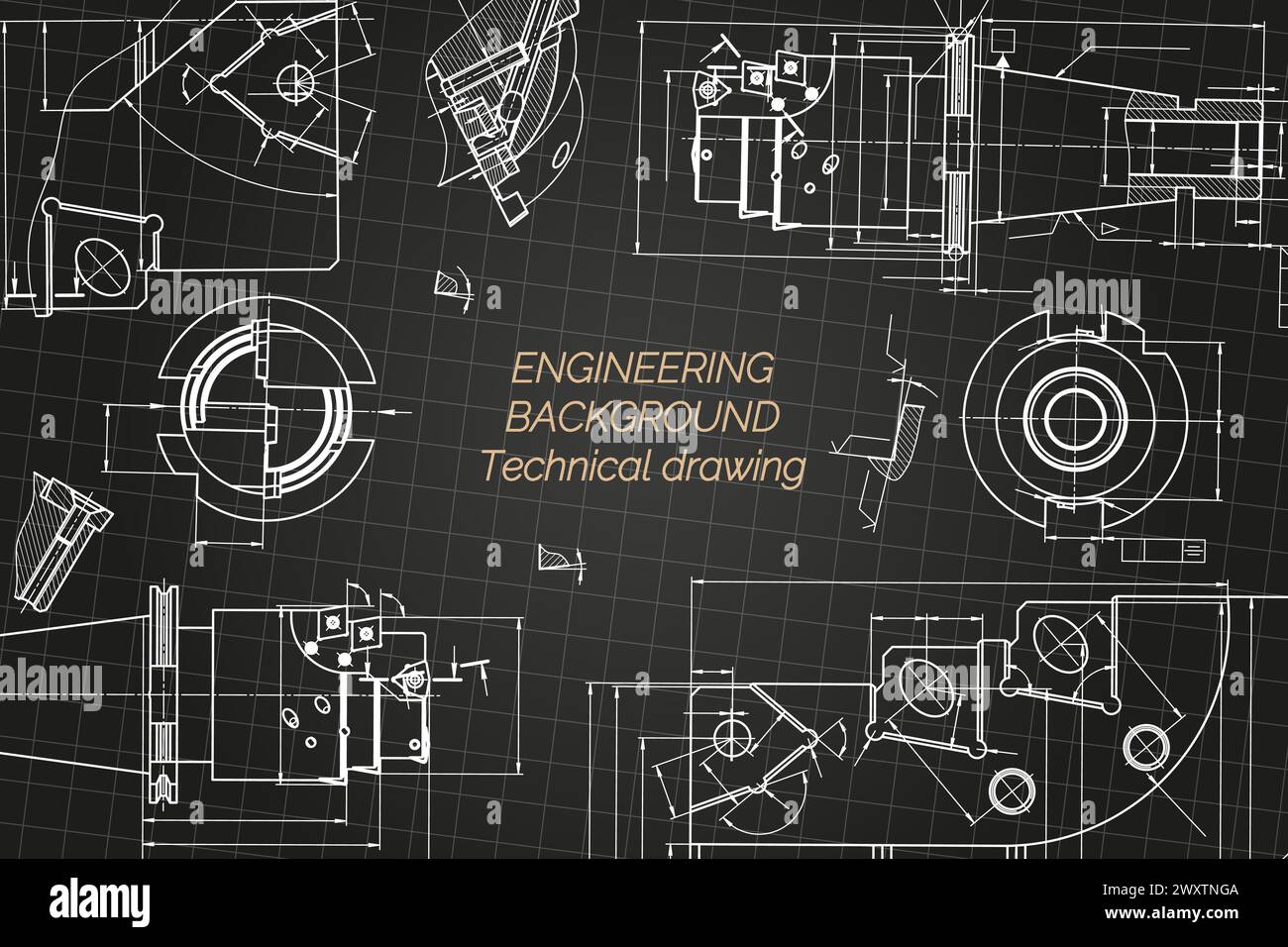 Mechanical engineering drawings on black background. Tap tools, borer ...