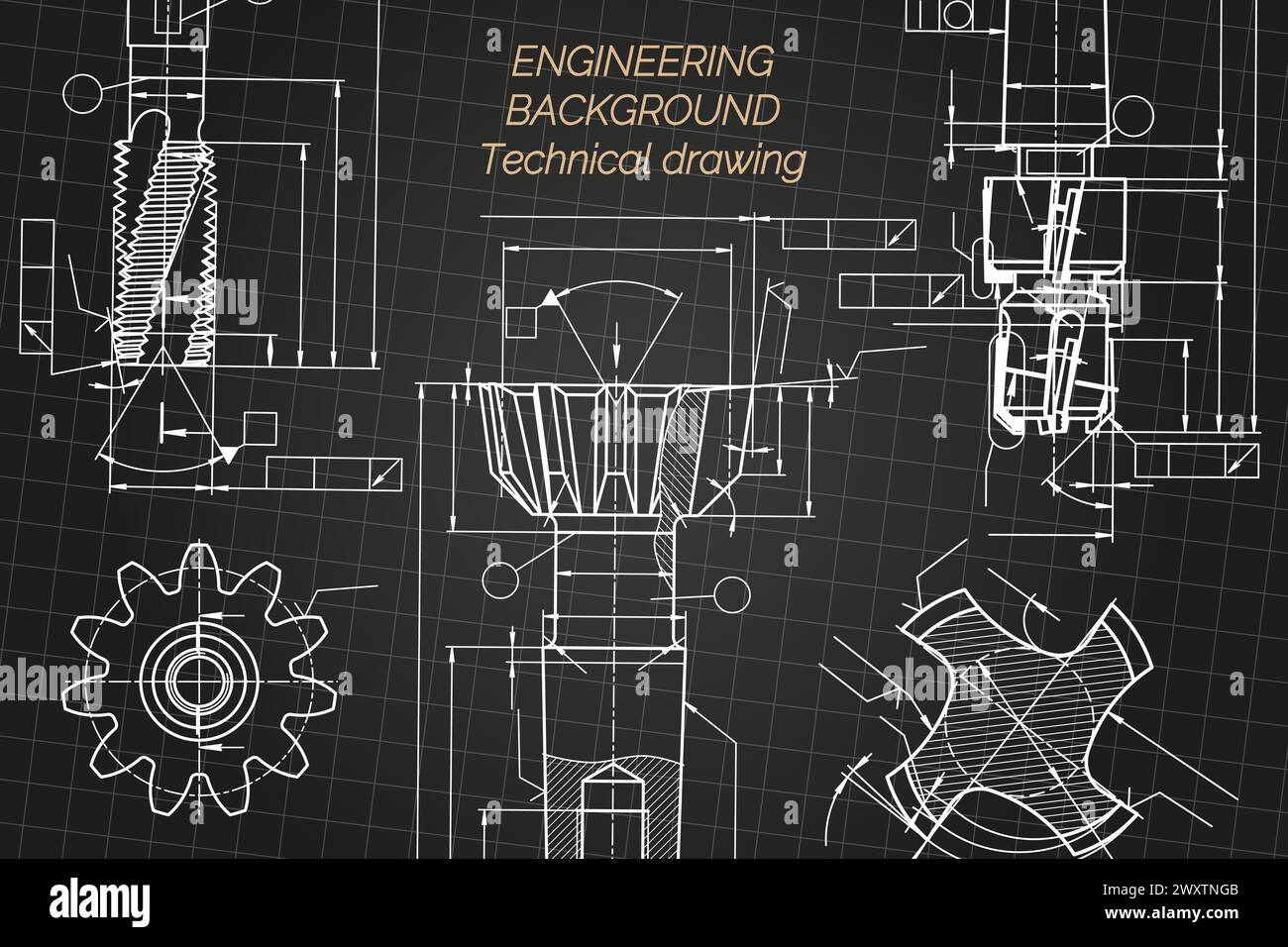 Mechanical engineering drawings on black background. Tap tools, borer ...