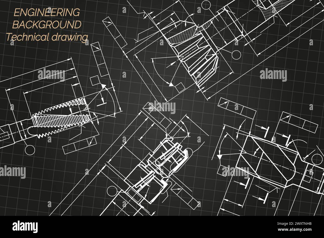 Mechanical engineering drawings on black background. Tap tools, borer ...