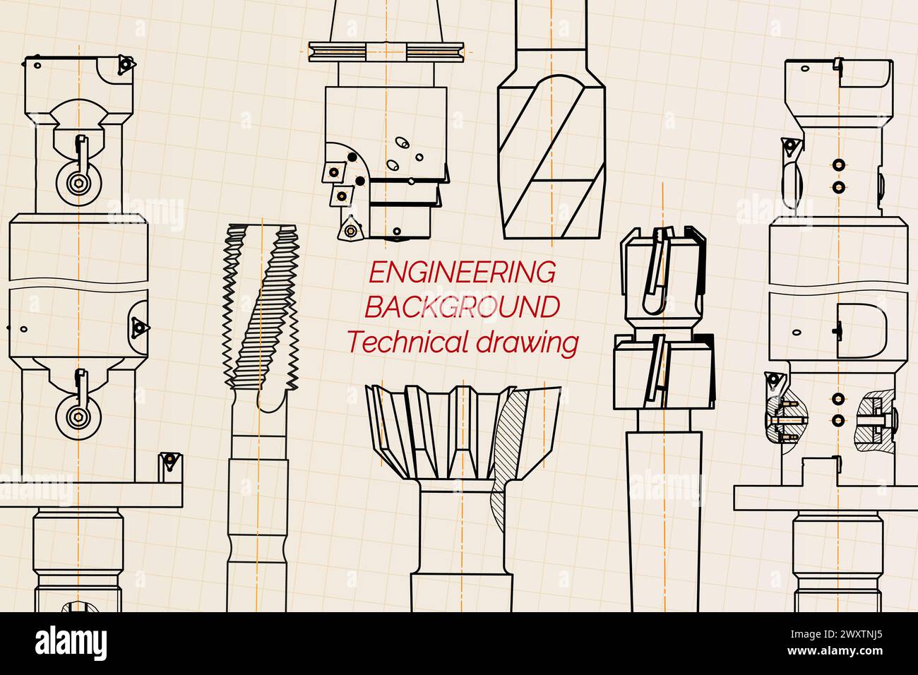 Mechanical engineering drawings on sepia background. Tap tools, borer ...