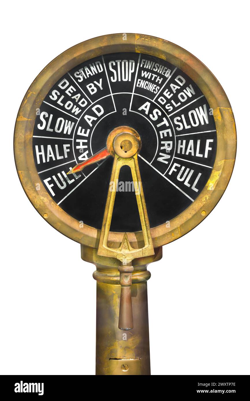Ancient Engine Room Telegraph with black control panel isolated on a ...