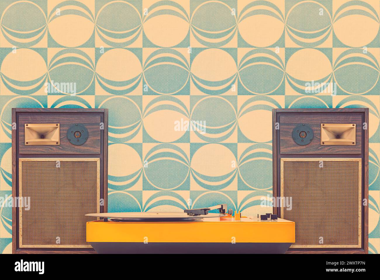Record player with two vintage stereo speakers in front of retro ...