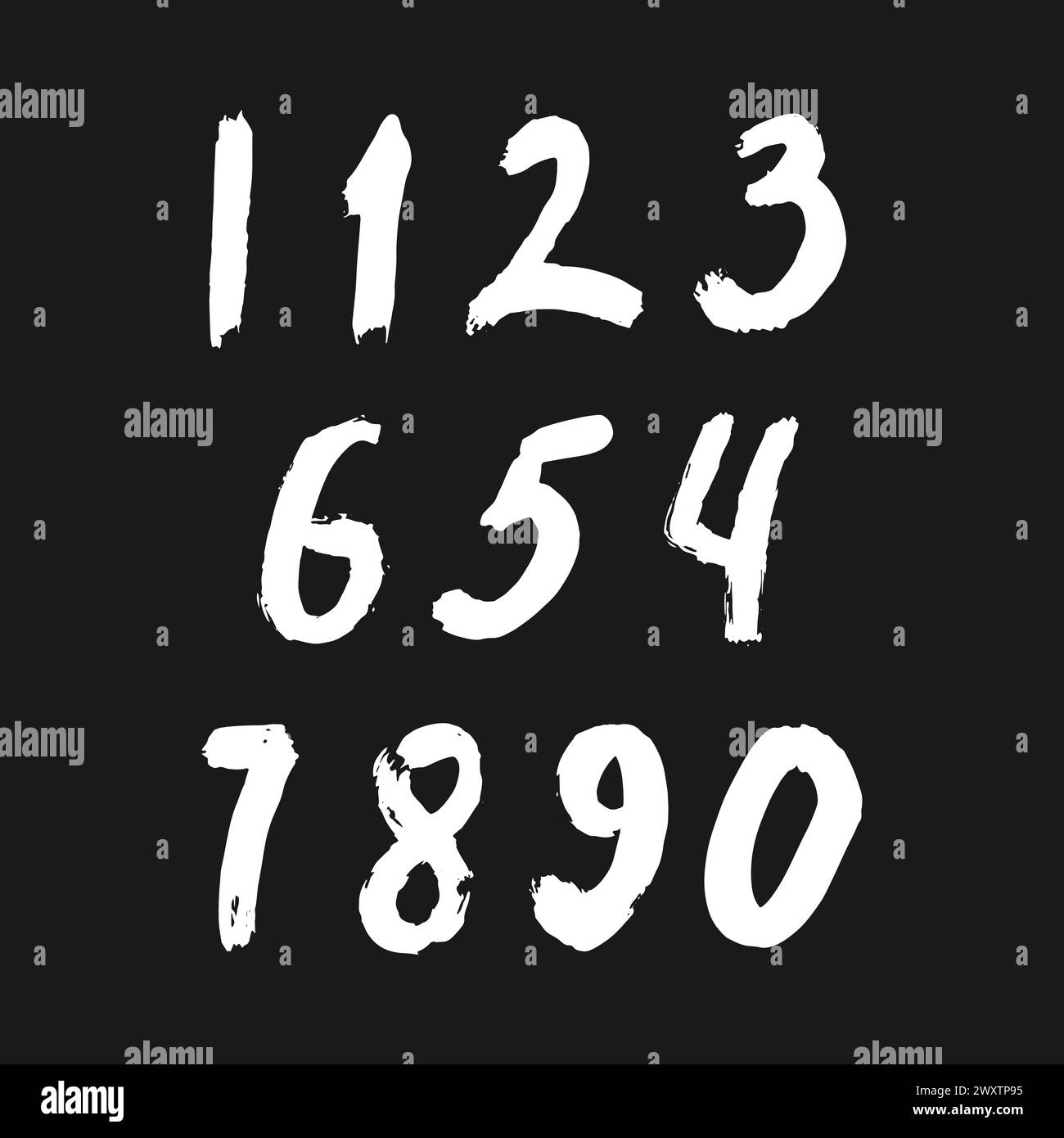 Set of calligraphic numbers painted by white brush on isolated black ...