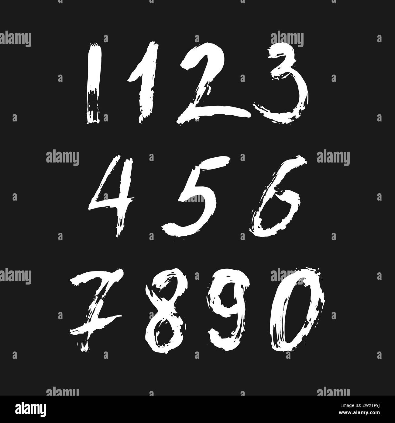 Set of calligraphic numbers painted by white brush on isolated black ...